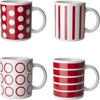 noTrash2003 4er Set Becher aus Keramik Kaffeebecher Kaffeepott Haferl Teepott mit vier Rot-Weiss gestreiften und gepunkteten Tassen in bunter Geschenkbox 325 mL