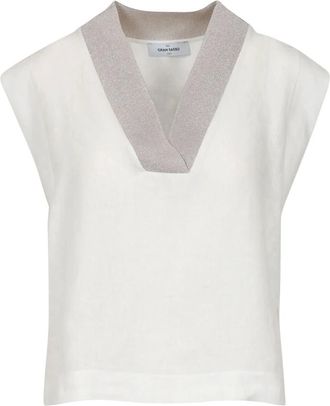Gran Sasso Femme, Blouses et Chemises, Blanc, Taille: 42 FR Linen V-neck Tee