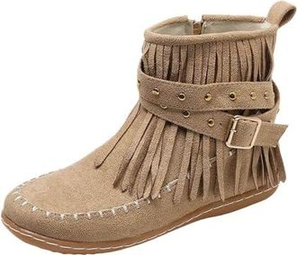 Generic Bottines de cowboy pour femme - Style boh&egrave;me - Bout rond - Fond &eacute;pais - Vintage - En daim - &Agrave; lacets - Bottines de cowboy occidentales - Chaudes - Ten