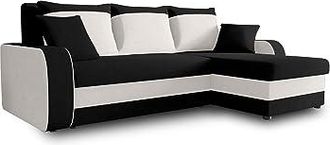 Best Mobilier Canapé dangle Convertible Réversible Zelie en Tissu - Canapé Lit - Sofa Blanc/Noir 4 Places - Angle Droit - ou Gauche - Salon