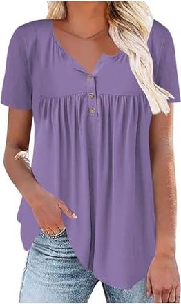 Generic Chemise unie à manches courtes pour femme, coupe droite, tendance, décontractée, couleur unie, haut plissé à manches courtes, vêtements pour la vie qu