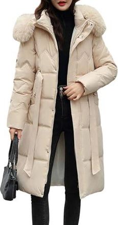 Generic Doudoune matelass&eacute;e &agrave; capuche en fausse fourrure avec fermeture &eacute;clair longue et ceinture l&eacute;g&egrave;re pour femme, beige, 3XL