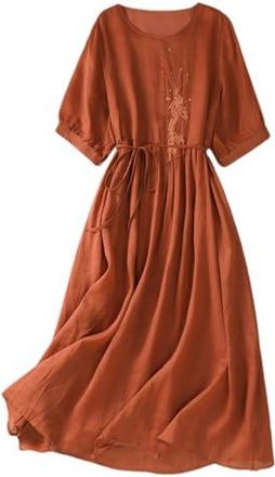 Generic 2026 Robes amincissantes pour femmes et broderie artistique robe l&eacute;g&egrave;re mince longueur moyenne d&eacute;contract&eacute;e, marron, M