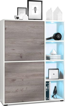 Vladon Highboard Schrank Anrichte Cuba mit 8 Fächern, Made in Germany, Korpus in Weiß matt/Fronten in Eiche Nordic, mit RGB LED Beleuchtung