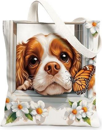 Generic Spring Cavalier King Charles Spaniel Sac fourre-tout en toile pour le shopping 33 x 38,1 cm, sac d&eacute;picerie r&eacute;utilisable pour femme, peinture de chien,