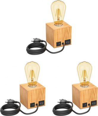 LEDs Com 3 St&uuml;ck Tischlampe HITO, Holz massiv, eckig, USB, inkl. E27 Lampe Retro, gold, 489lm, extra-warmwei&szlig;