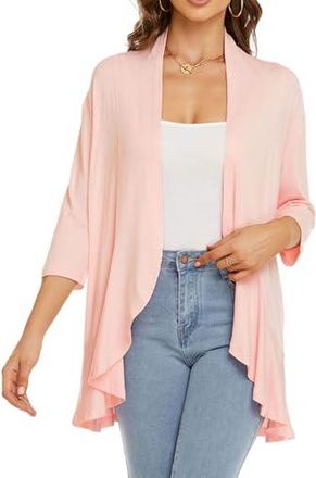 Generic Cardigan &agrave; volants pour femme, d&eacute;contract&eacute;, l&eacute;ger, ouvert sur le devant, cardigan doux drap&eacute; &agrave; manches 3/4, rose, XXL
