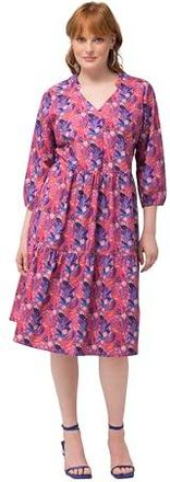 Ulla Popken Femme Grandes Tailles Robe Tunique, Oiseaux du Paradis, col V, Manches 3/4 Rose Vif Fuchsia 50+ 824236800-50+