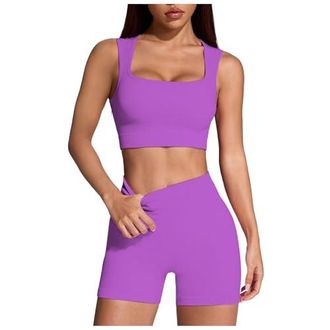 Generic Surv&ecirc;tement de sport 2 pi&egrave;ces pour femme - Sans coutures - Soutien-gorge dos nu et leggings courts pour yoga, pilates, entra&icirc;nement, lilas, M