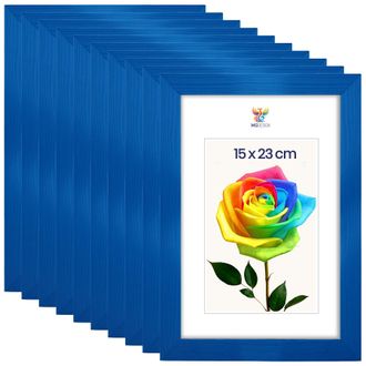 MG Design 10er Set Bilderrahmen 15 x 23 cm - Fotorahmen mit Blau Echtholzrahmen und bruchsicherem Acrylglas, Hoch & Quer zum Aufh&auml;ngen, zum Aufstellen