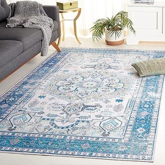 Safavieh Tapis Traditionnel - Lavable en Machine et Antidérapant - Idéal pour Les Zones à Fort Passage - Arizona Collection, Tapis à Poil Court, Bleu et Beige,