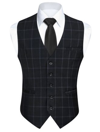 Hisdern Schwarz Anzugweste für Herren Formale Weste Hochzeits Party Anzug Weste Plaid Klassisch Business,Schwarz 2,L