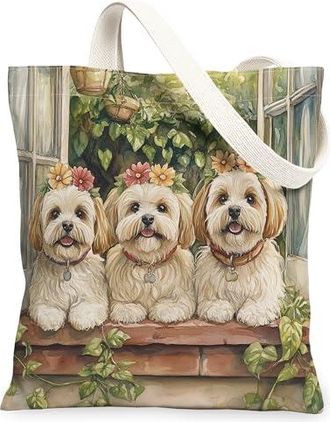 Generic Sac fourre-tout en toile motif chien cavachon printanier 33 x 38,1 cm, sac r&eacute;utilisable &agrave; motif imprim&eacute; de plantes en pot pour femme, animal de compag