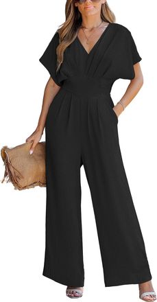 Cupshe Damen Jumpsuit V-Ausschnitt Kurze Dolman-Ärmel Overall Weites Bein Strampler Lang Playsuit Sommer Elegant Hosenanzug