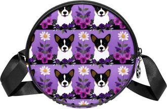 Generic Sac &agrave; bandouli&egrave;re Circle pour femme, petit sac &agrave; bandouli&egrave;re Corgi violet floral avec fermeture &eacute;clair et bretelles r&eacute;glables