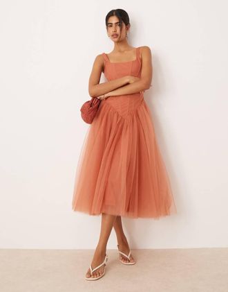 Lace & Beads Robe mi-longue corset &agrave; taille basse - Rose terracotta-Rouge