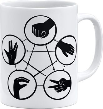 OM3 Hand Signs Big Bang Kaffee-Tasse - Keramik Becher - 11oz 325ml - Rock Paper Scissors Lizard Spock TBBT Nerd - Weiss