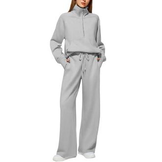 Generic Ensemble de surv&ecirc;tement d&eacute;contract&eacute; deux pi&egrave;ces pour femme avec demi-fermeture &eacute;clair et pantalon &agrave; jambes larges, surv&ecirc;tement en lin et coton, tenue 