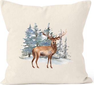 Autiga Kissenbezug Weihnachten Hirsch Deer Winterlandschaft Schnee Watercolor Natur 40cm x 40cm