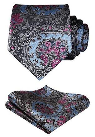 Hisdern Floral Paisley Wedding Tie Mouchoir Cravate et pochette pour hommes,Taille unique,Bleu et Rose et Gris