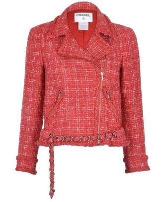 Chanel Red Tweed Biker Jacket with Chain Detail Size S