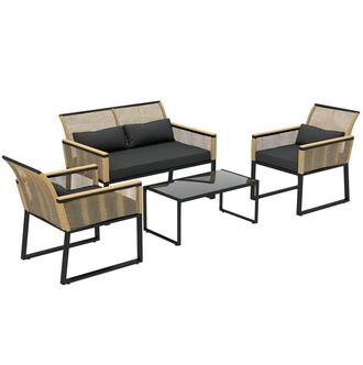 OUTSUNNY Polyrattan Gartenm&ouml;bel Set 4 Personen, wetterfest Balkonm&ouml;bel-Set mit 2er Sofa, 2 St&uuml;hle Glastisch Sitzkissen, Outdoor Sitzgruppe, Terrassenm&ouml;bel