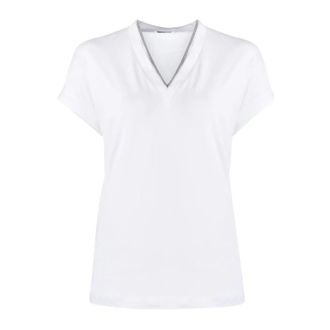Brunello Cucinelli V-Ausschnitt T-Shirt mit verzierter Borte - - Tops - Damen - Wei&szlig; - L