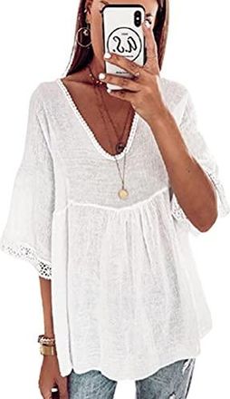 ORANDESIGNE Tunique Femme Lin Grande Taille &Eacute;t&eacute; Tshirt Ample Shirt Col V Tee Shirt Couleur Unie Boheme &Eacute;l&eacute;gant Chemise Dentelle Gland Blouse Demi Manche Hauts A B