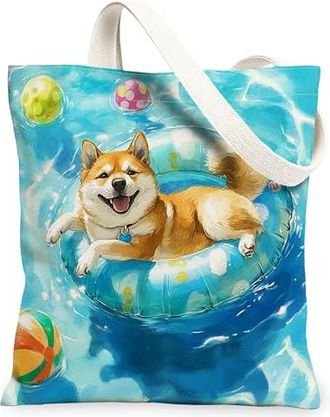 Generic Sac fourre-tout amusant en toile motif chien Shiba Inu pour faire du shopping 33 x 38,1 cm, sac &agrave; bandouli&egrave;re r&eacute;utilisable pour femme, peinture danima