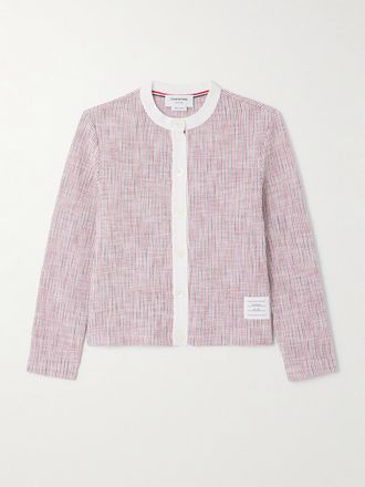 Thom Browne Cardigan En Tweed De Coton Mélangé À Rayures - Rose
