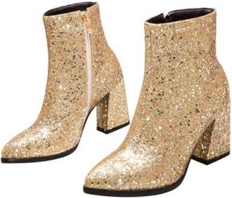 BESPORTBLE Bottines &agrave; Talons Sabot Dor&eacute;es pour Femme Taille 41 Bout Effil&eacute; Sequins Semelle &Eacute;paisse Antid&eacute;rapante Fermeture &Eacute;clair Lat&eacute;rale Bottes DAutomne-Hiver 