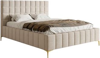 Selsey Bett Polsterbett Doppelbett 140 x 200 cm Mit Bettkasten Metallrahmen Goldene Beine Gasdruckfeder Schlafbett Chenille Graubeige Szejlo