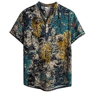 Generic Chemise d&eacute;t&eacute; en coton et lin pour homme - Chemisier imprim&eacute; &agrave; manches courtes ethnique d&eacute;contract&eacute;e - Tunique respirante pour homme, Vert, XXL