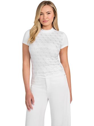 Guess Damen-T-Shirt, kurz&auml;rmelig, Stehkragen, 4 g, Reines Wei&szlig;