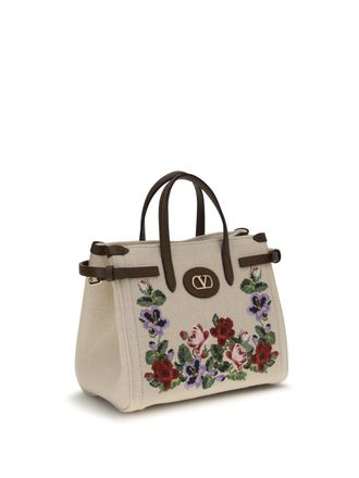 Valentino Garavani Womens Shoulder Bag Antibes Ecru Linen Ecru-Multicolour-Tabac Brown Ecru/multicolour/tabac