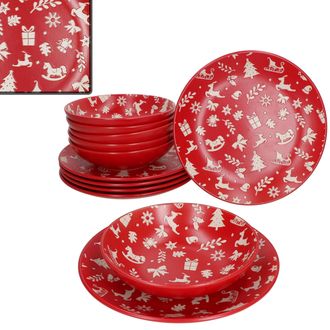 MamboCat Advent 12tlg Tafelservice I Steingut-Geschirr f&uuml;r 6 Personen in Rot mit Weihnachtsmotiven in Creme I winterliche 6X Speiseteller & 6X Suppenteller 480