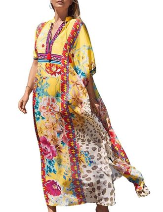 Bsubseach Ethnischer Druck Bikini Cover Up f&uuml;r Bademode Frauen Lange Lose Strand Kaftan Kleid Kaftan Loungewear