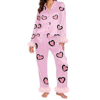 Generic Ensemble de pyjama en satin pour femme - V&ecirc;tement de nuit imprim&eacute; coeur - Haut et pantalon boutonn&eacute;s - Tenue 2 pi&egrave;ces - Pyjama en soie doux et confort
