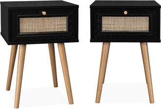 Sweeek Sweeek - Lot de 2 tables de chevet effet bois noir et cannage avec 1 tiroir