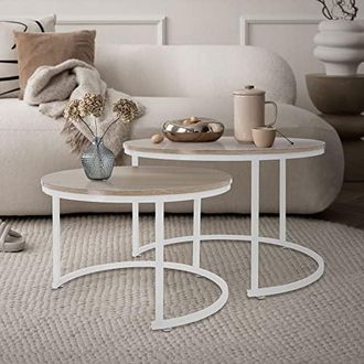 ML Design ML-Design Set 2X Tables dAppoint, Rond, &Oslash; 59x40 cm/&Oslash;74x48 cm, MDF Ch&ecirc;ne Sonoma/Structure M&eacute;tal Blanc, Tables Gigognes Modernes, Multiples Usages, Tabl
