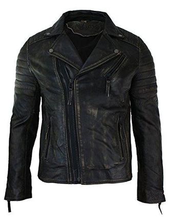 Infinity Leather Veste pour Homme en Cuir véritable Effet Vieilli Vintage Coupe cintrée Fermeture Diagonale - Noir délavé XXL