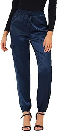 Allegra K Pantalon Cargo &eacute;lastique Taille Haute en Satin Soyeux avec Cordon de Serrage pour Femmes Bleu Royal L