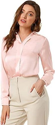 Allegra K Chemisier Femme en Satin Col en V Blouse Satinnée Chic et élégante pour Bureau à Manches Longues Coupe Ample Rose Clair M