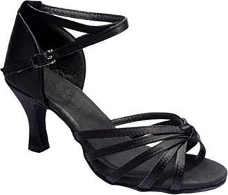 Minkissy Chaussures de Danse Latine à Talons Satin pour Femmes Style Élégantes et Faciles à Enfiler Noir pour Salon et Banquet