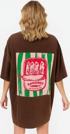 Worldclassca T-Shirt Worldclassca Oversized SARDINES Print T-Shirt lang Tee Sommer Oberteil PRINT - SARDINES - EAT ENJOY REPEAT