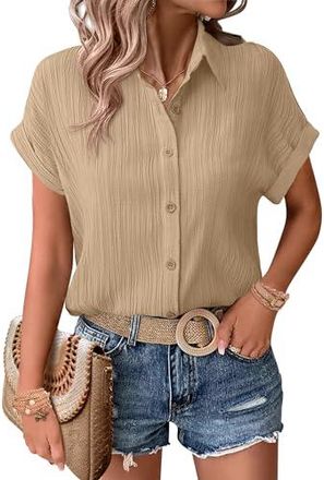 Zeagoo Chemisier à manches courtes en mousseline pour femme - Col en V - Couleur unie - Élégant - Décontracté, champagne, L