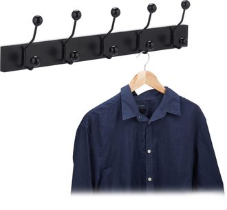 Relaxdays Garderobenleiste, HxBxT: 14 x 65 x 7 cm, 5 doppelte Kleiderhaken, Wandgarderobe Flur, Hakenleiste MDF, schwarz