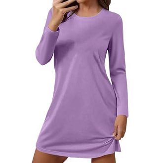 Generic Chemise de nuit midi &agrave; manches longues UK - Chemises de nuit en coton pour femme - Robe de nuit grande taille &agrave; manches longues - Col rond - Chemises 
