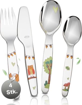 Rösle Kinderbesteck Waldfreunde - 4-teiliges Kinderbesteck ab 3 Jahre aus Edelstahl 18/10 - Spülmaschinengeeignet, Tolles Taufgeschenk für Mädchen und Junge