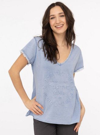 Zwillingsherz T-Shirt Positive Mind V-Ausschnitt, Kurzarm, Used-Look, Baumwolle, ausgefranste Kanten
